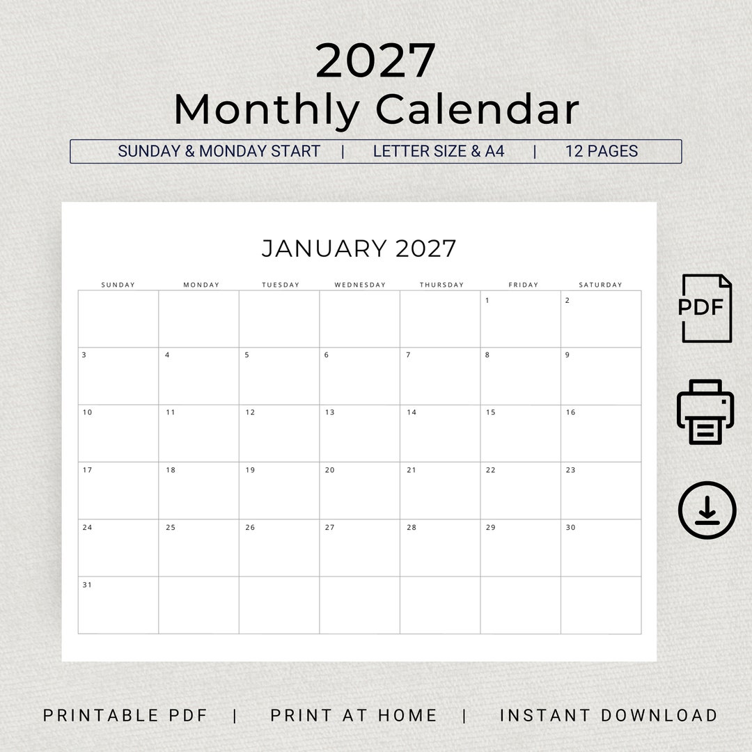 2027 Monatskalender 2027 Minimal Monthly Planner Querformat Sonntag ...