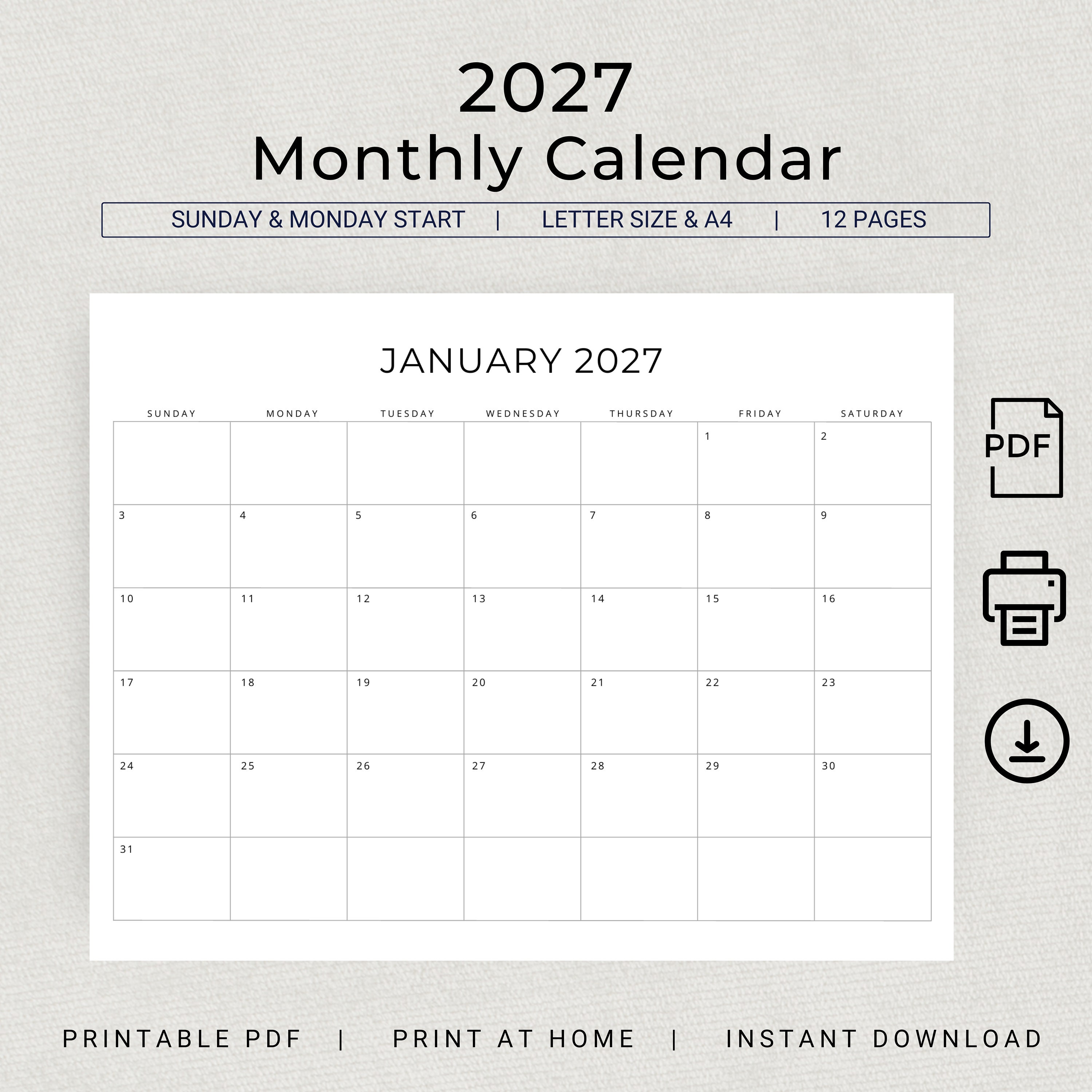 2027 Monthly Calendar 2027 Minimal Monthly Planner Landscape Sunday ...