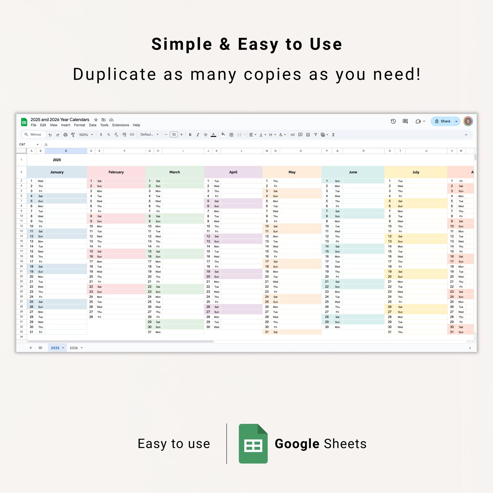 2025 2026 Year Calendar Google Sheets Template 2025 & 2026 Editable ...