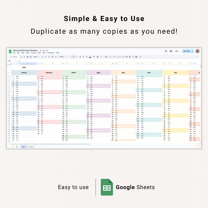 2025 2026 Year Calendar Google Sheets Template 2025 & 2026 Editable ...