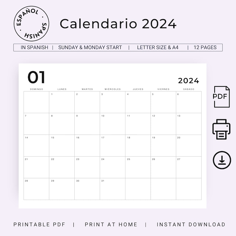 Calendario 2024 Calendario Mensual 2024 PRINTABLE Spanish Calendar 2024 ...