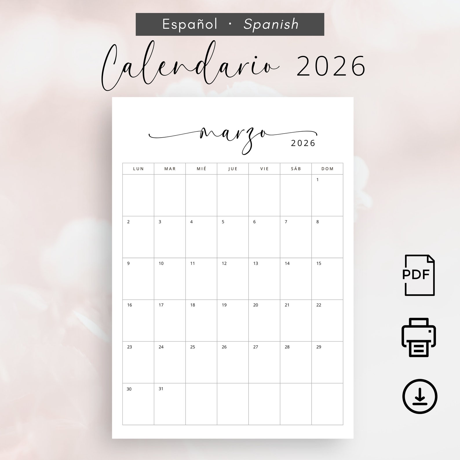 Calendario 2026 Calendario Mensual En Español 2026 Planificador 2026 ...