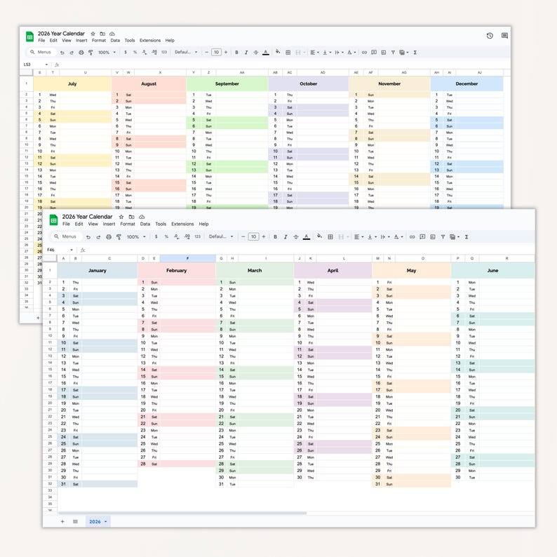 2026 Calendar Google Sheets Template Editable Monthly Digital Planner ...