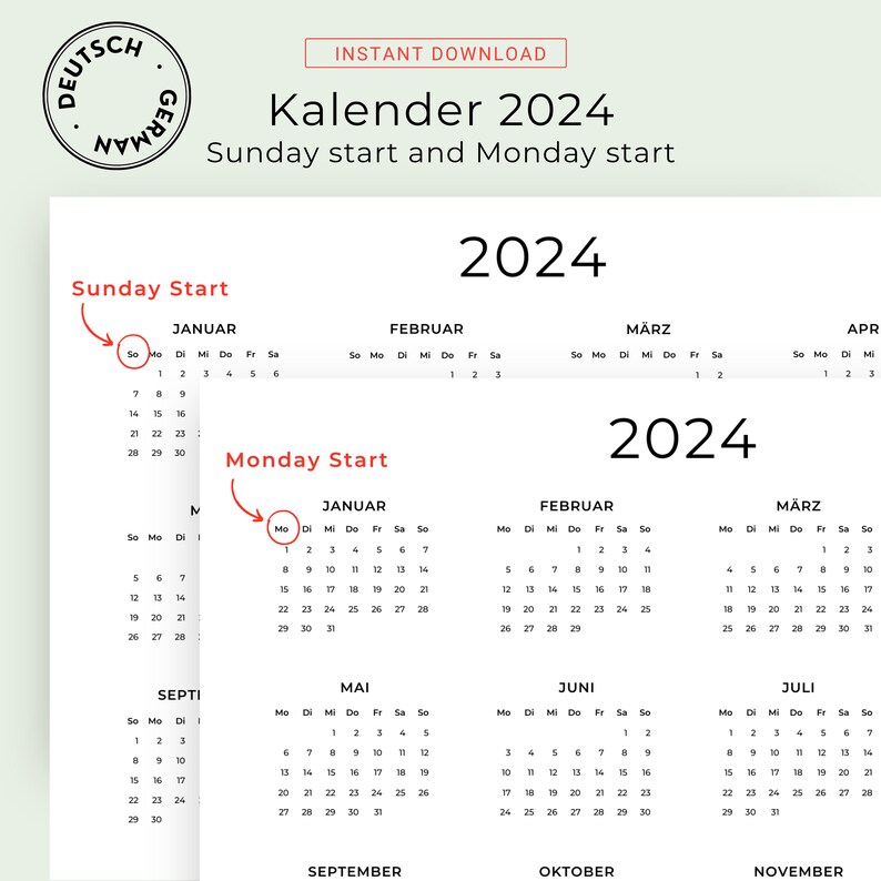 Kalender 2024 Kalender Deutsch Jahreskalender 2024 Yearly Calendar 2024 ...