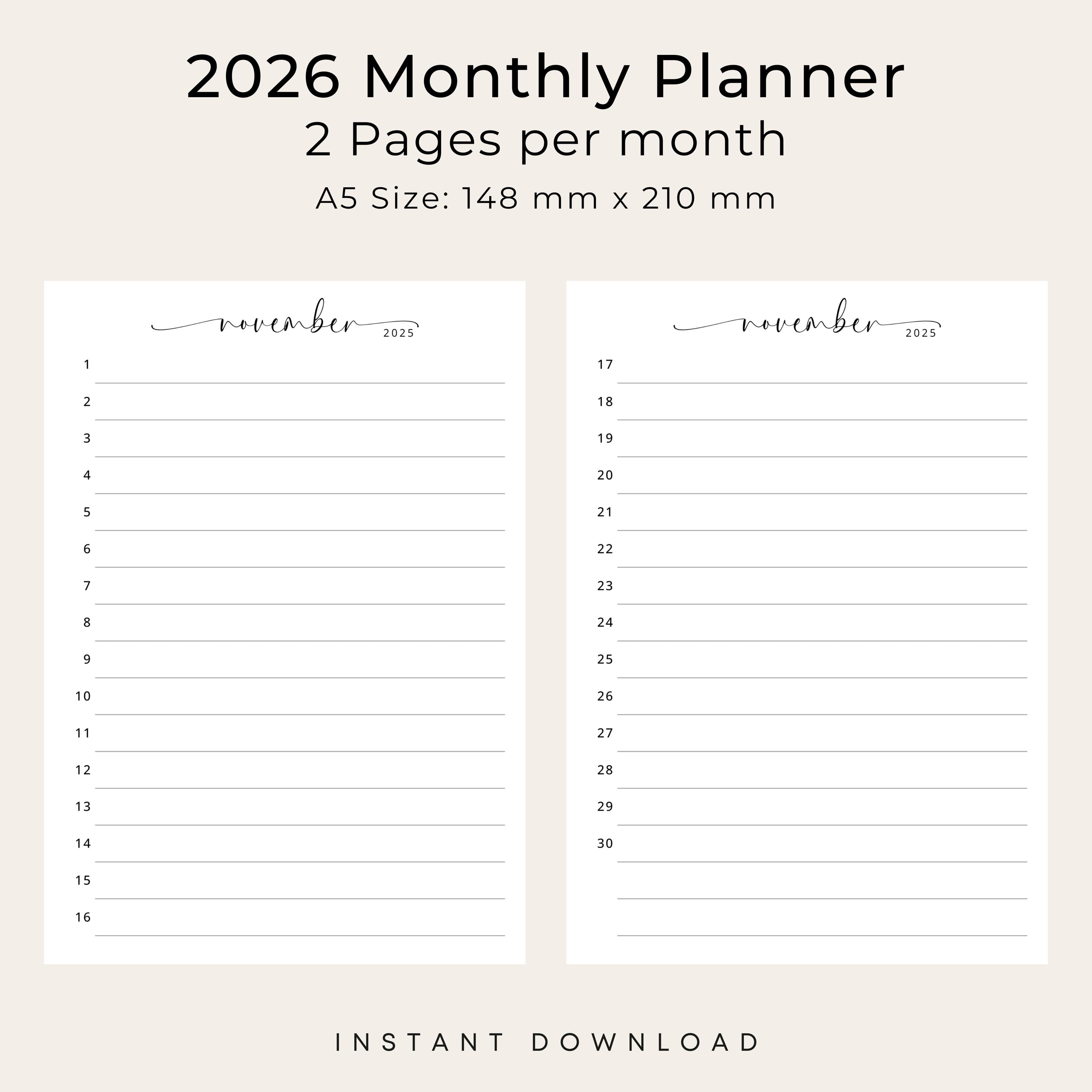 2026 Monthly Planner 2026 Calendar Two Page Calendar Planner Insert ...