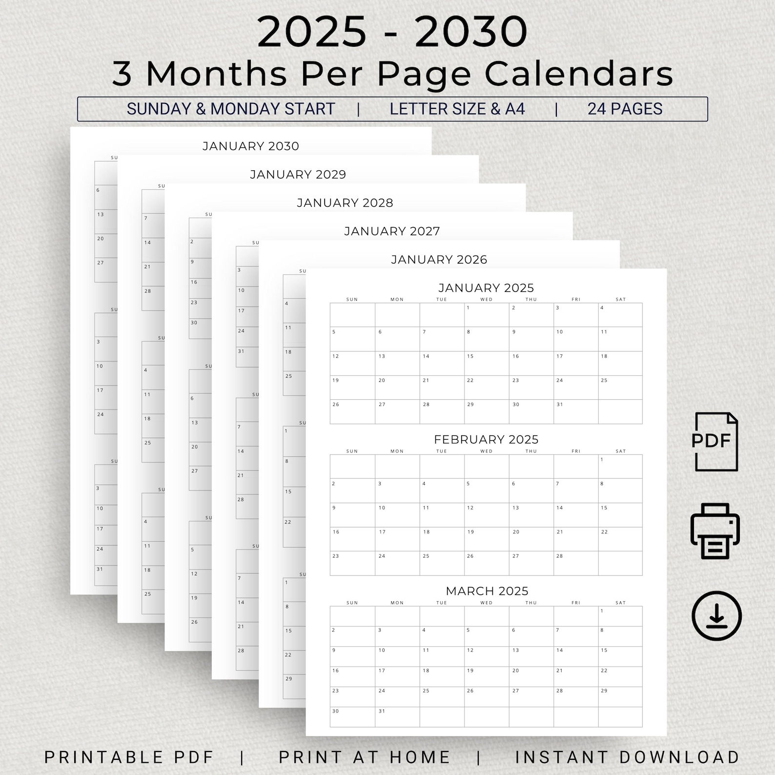 2025-2030 Calendar 2025 to 2030 Planner 3 Months per Page Calendar ...