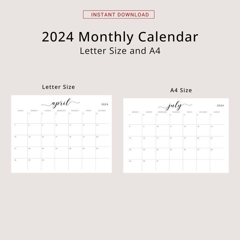 2024 Calendar 2024 Planner Printable Minimalist Monthly Calendar ...