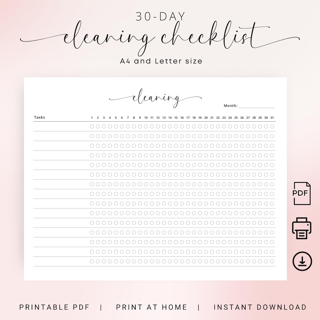 30-day Cleaning Checklist Printable Daily Cleaning To-do List Cleaning ...