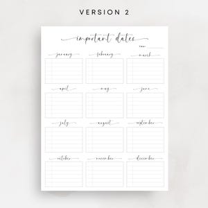 Important Dates Tracker Printable Special Dates Reminder Birthday ...