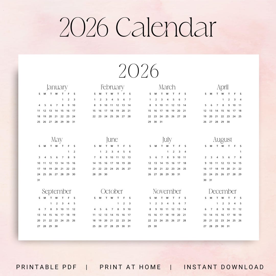 Yearly Calendar 2026 Wall Calendar Landscape PRINTABLE PDF 2026 Desk ...