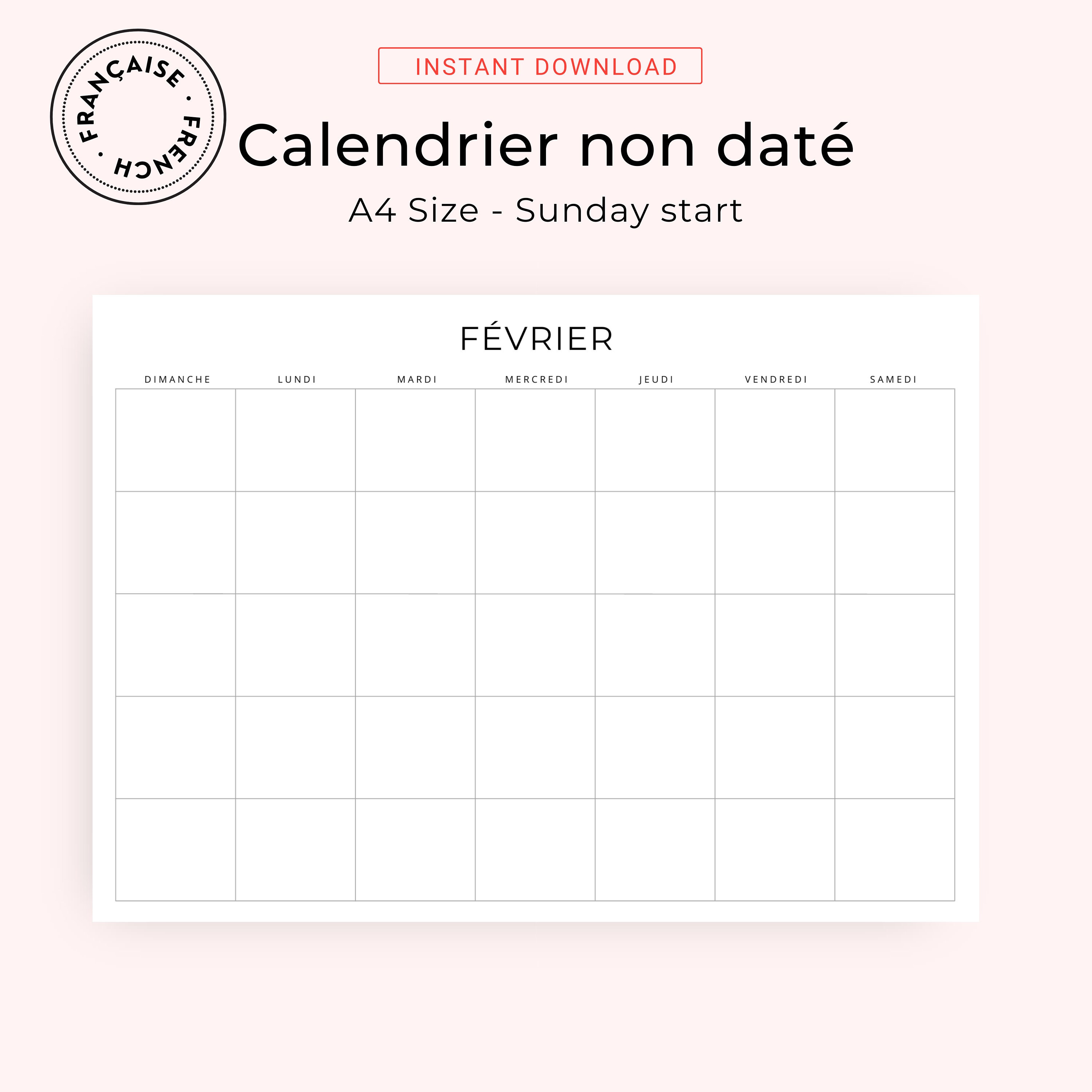 Calendrier Non Daté Calendrier Mensuel Calendrier Français Undated ...