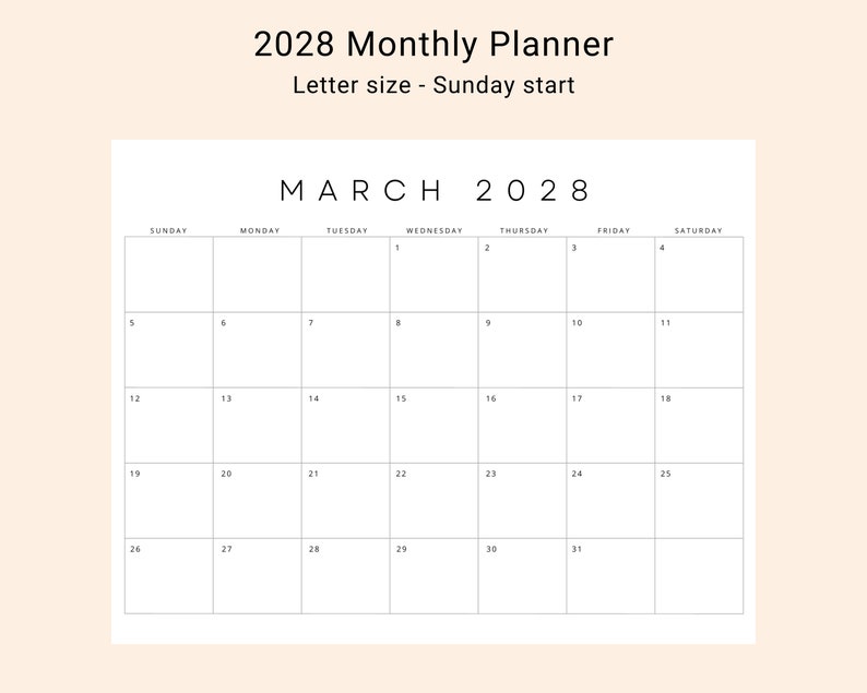 2028 Calendar 2028 Monthly Calendar Printable 2028 Planner Minimal ...