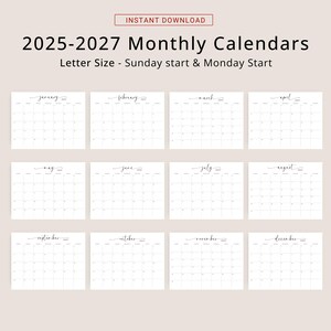 2025 2026 2027 Monthly Calendar 2025 to 2027 Planner Printable PDF ...