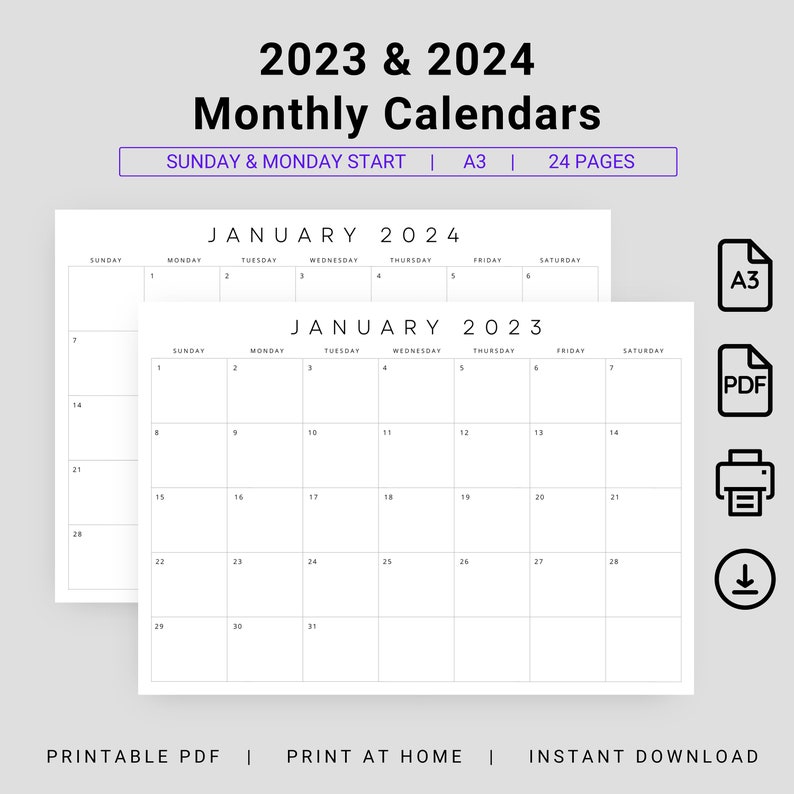 2023 & 2024 Monthly Planner Landscape 2023 2024 Monthly PDF - Etsy