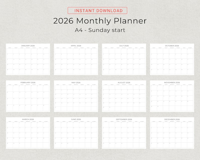 2026 Monthly Calendar PRINTABLE 2026 Monthly Planner Landscape 2026 ...