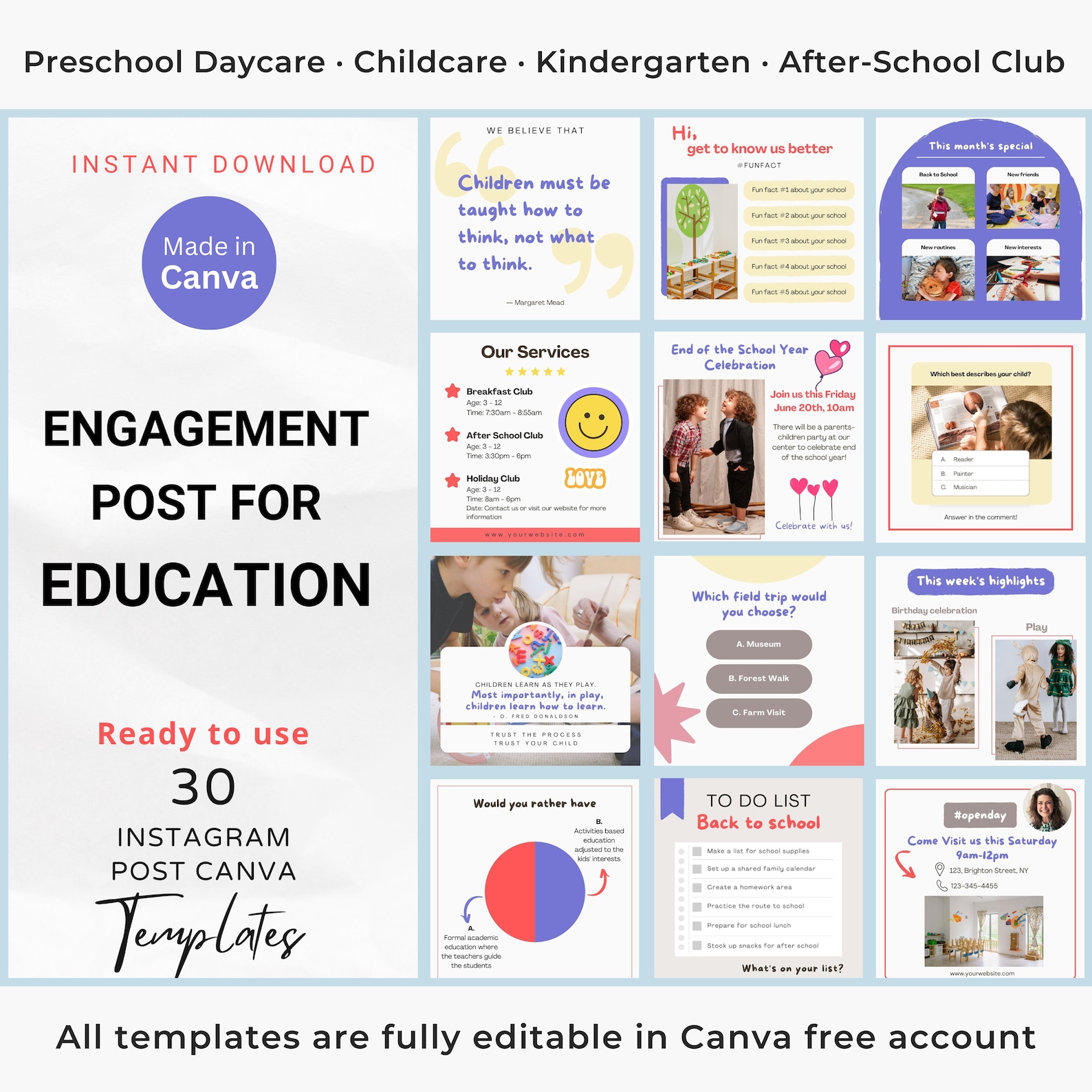 30 Engagement Post for Kids Education Instagram Canva Template - Etsy