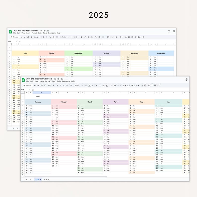 2025 2026 Year Calendar Google Sheets Template 2025 & 2026 Editable ...