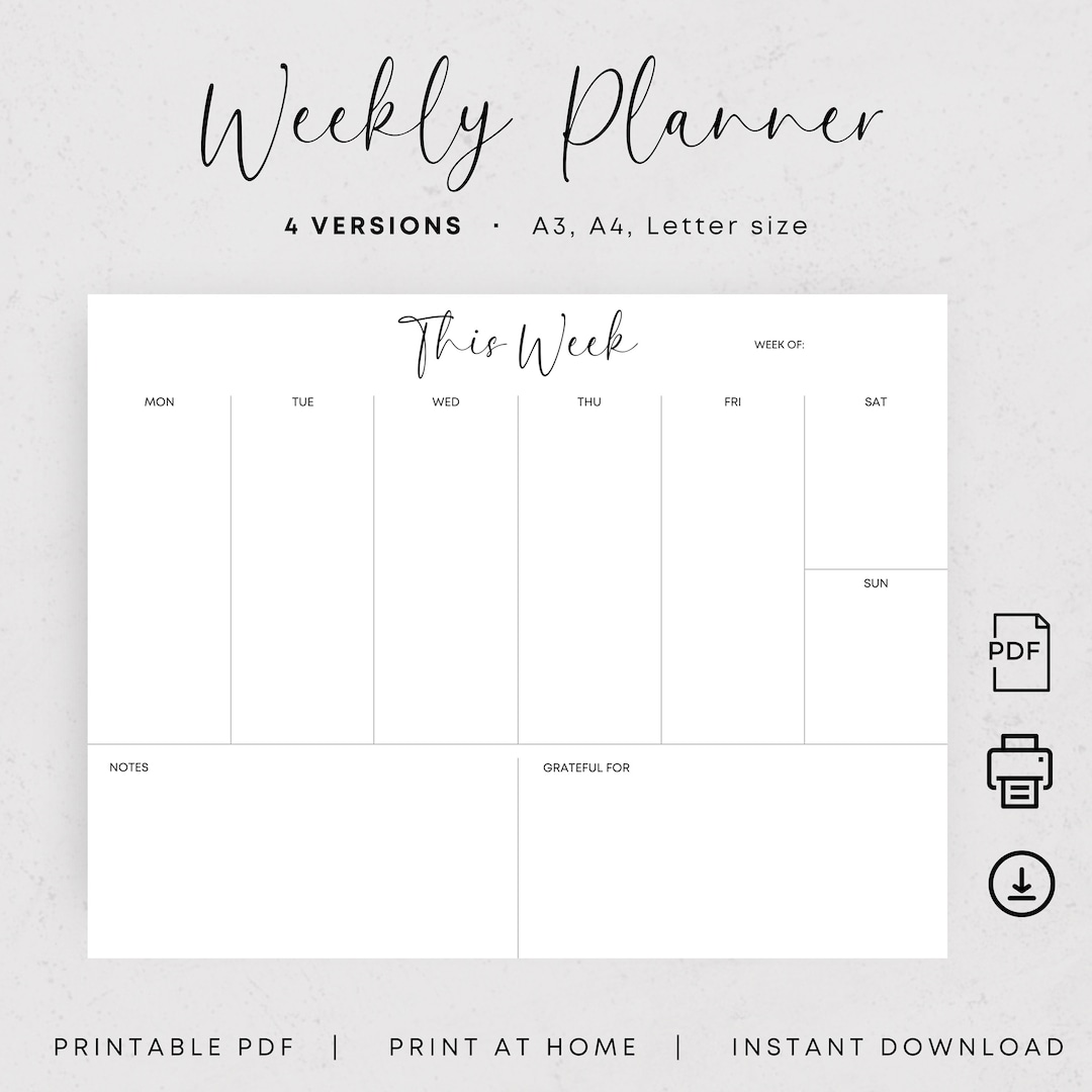 Printable Planner Weekly A3 A4 Letter Elegant Weekly Planner Landscape ...