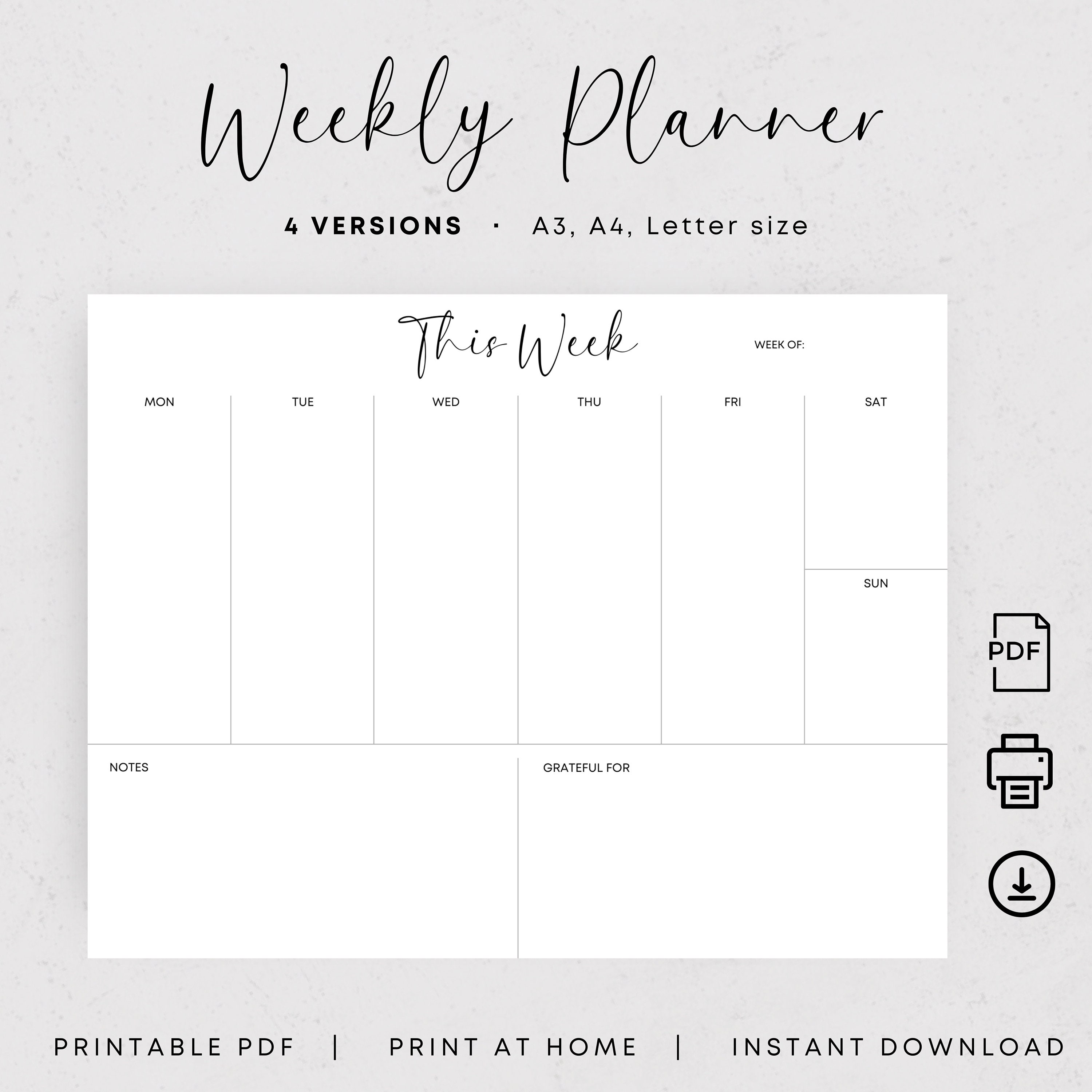 Printable Planner Weekly A3 A4 Letter Elegant Weekly Planner Landscape ...