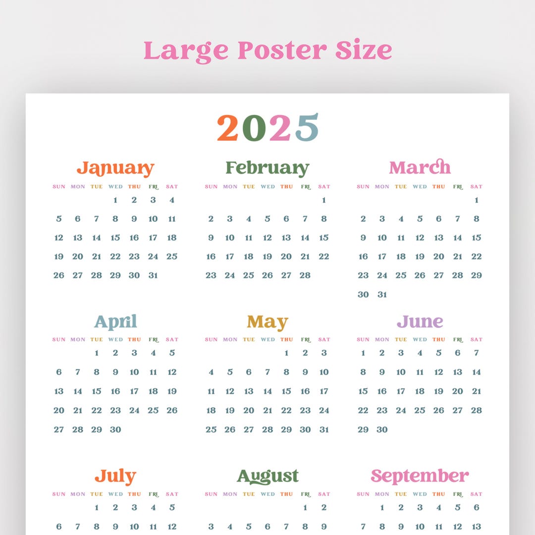 2025 Big Wall Calendar Printable PDF Yearly Planner Colorful Modern ...