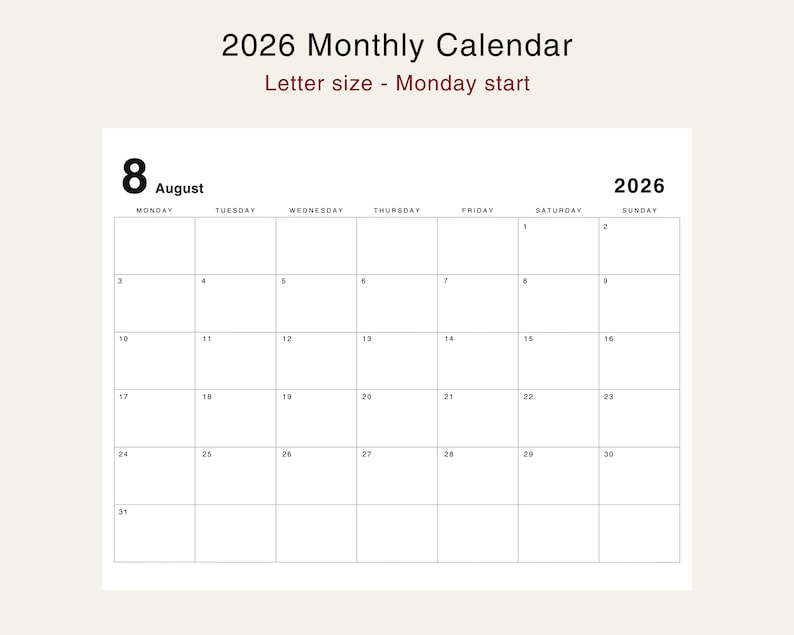 2026 Calendar 2026 Monthly Planner 2026 Minimal Calendar 2026 Landscape ...