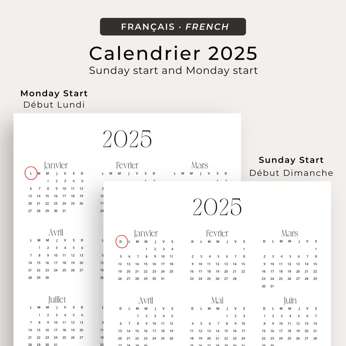 Calendrier Français 2025 Calendrier 2025 Calendrier Annuel 2025 Wall ...