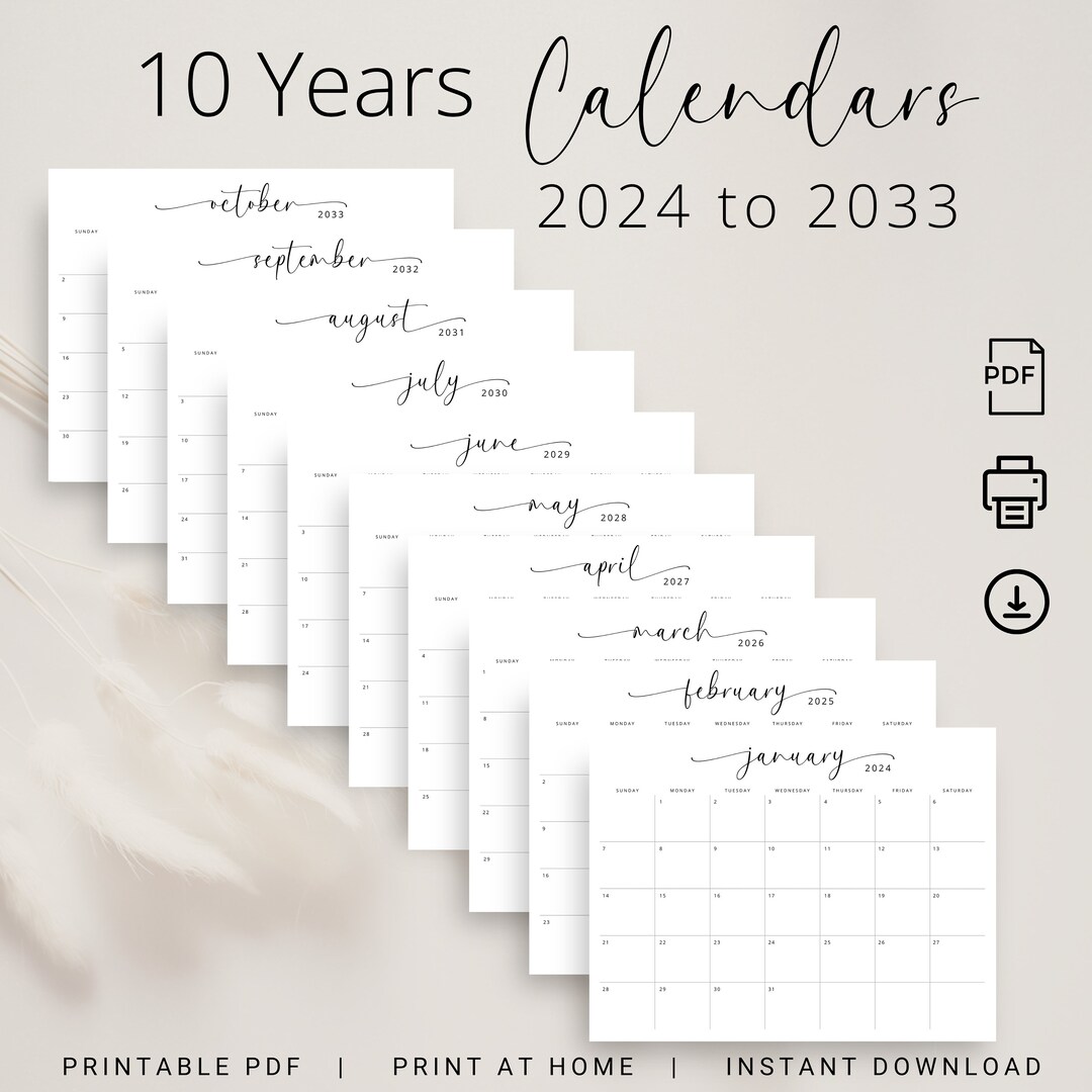10 Years Calendar 2024 to 2033 Calendar Monthly 2024-2033 Planner ...