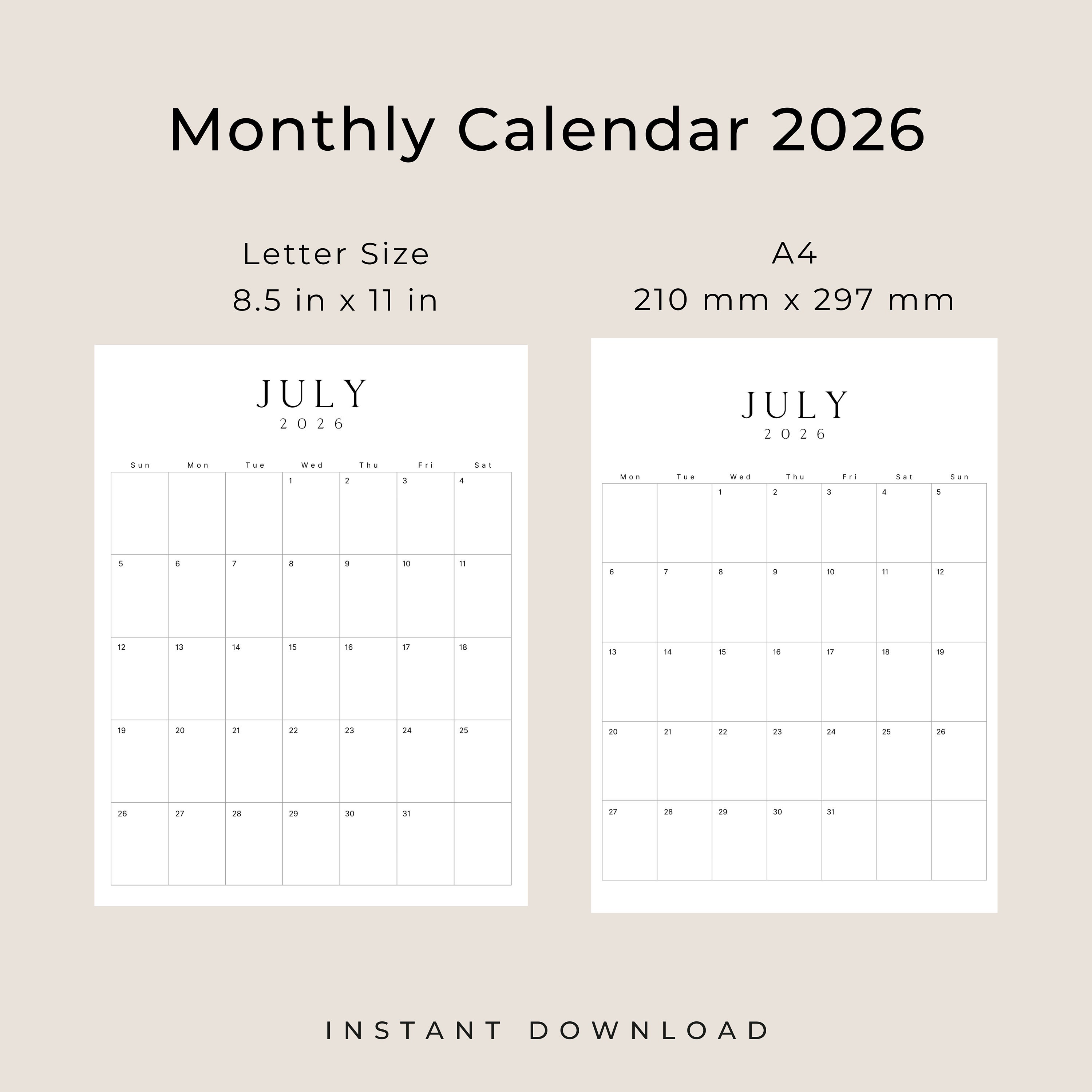 2026 Printable Calendar 2026 Planner Vertical Calendar Portrait LUXE ...