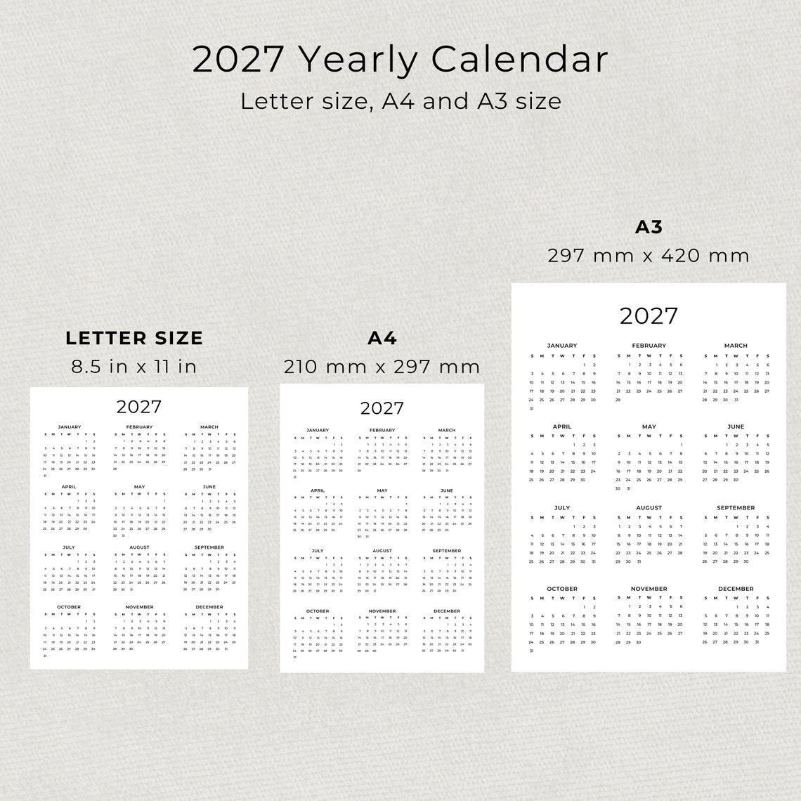 2027 Calendar 2027 Yearly Calendar Printable 2027 Wall Calendar 2027 ...