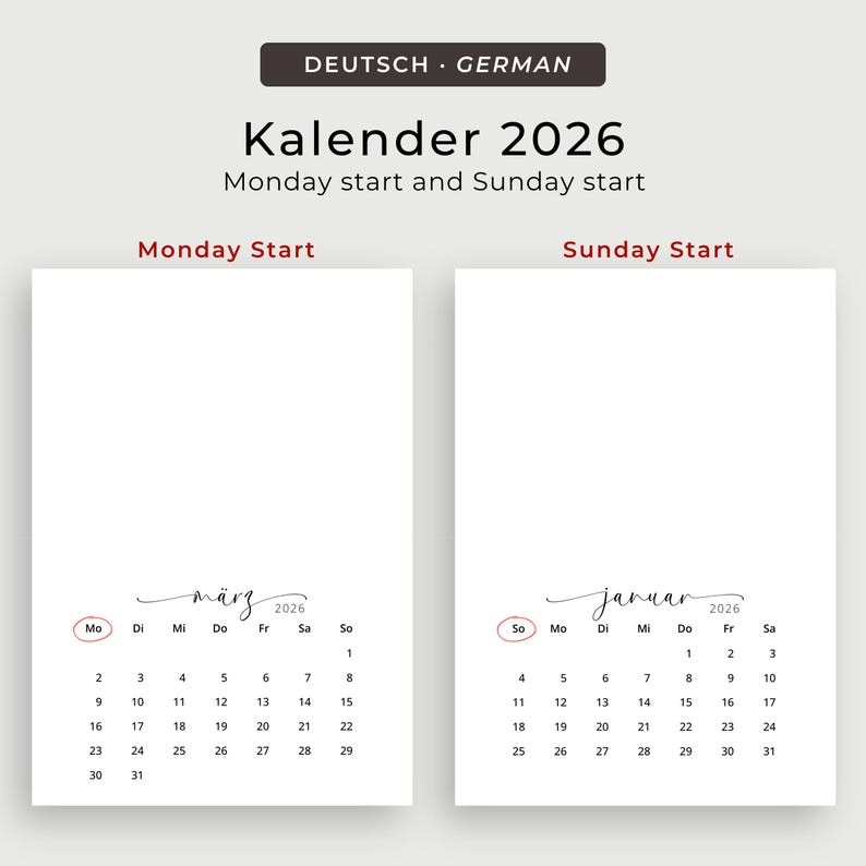 2026 Kalendar A3 A4 A5 2026 Kalender Auf Deutsch PRINTABLE PDF Elegant ...