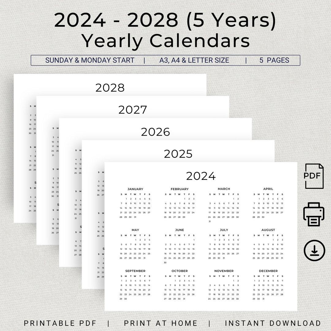2024-2028 Calendar Landscape 2024 to 2028 Yearly Calendar 5 Years ...