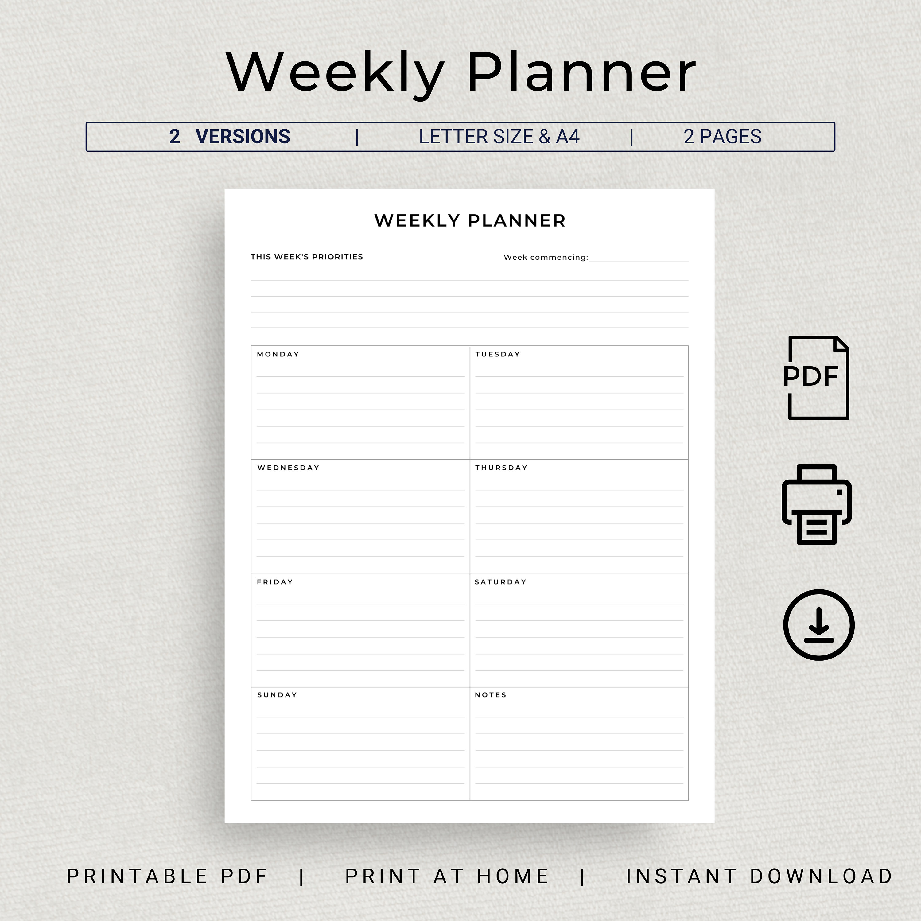 Printable Weekly Planner Vertical Minimalist Weekly Schedule Weekly ...