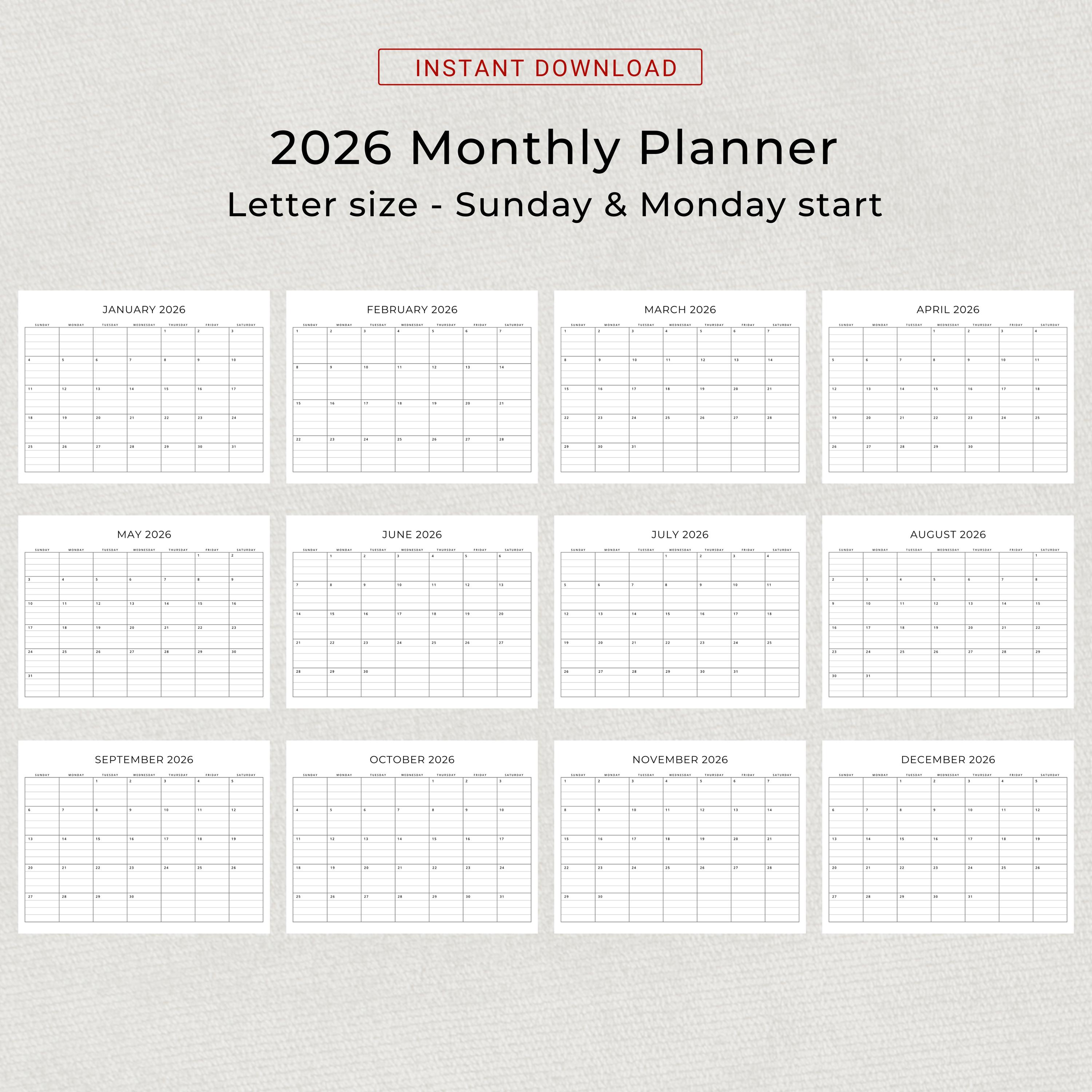 Printable 2026 Monthly Planner With Lines 2026 Calendar Landscape ...