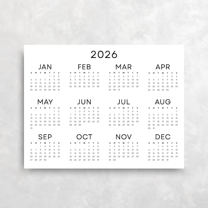 2026 Wall Calendar Landscape 2026 Yearly Calendar Printable PDF ...