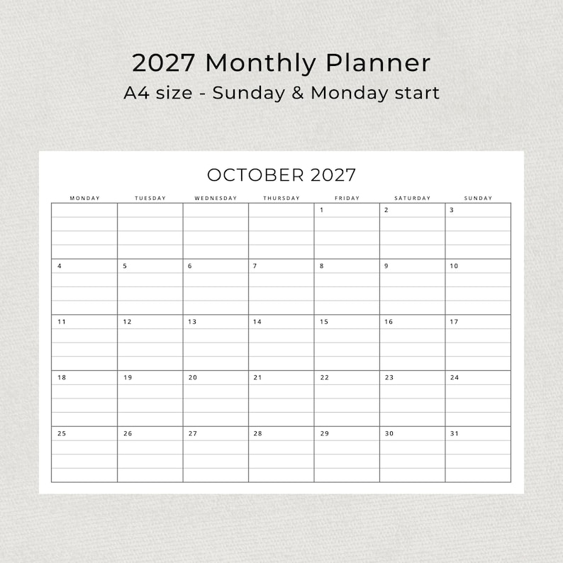 2027 Monthly Planner Lined 2027 Calendar With Lines Landscape Sunday ...