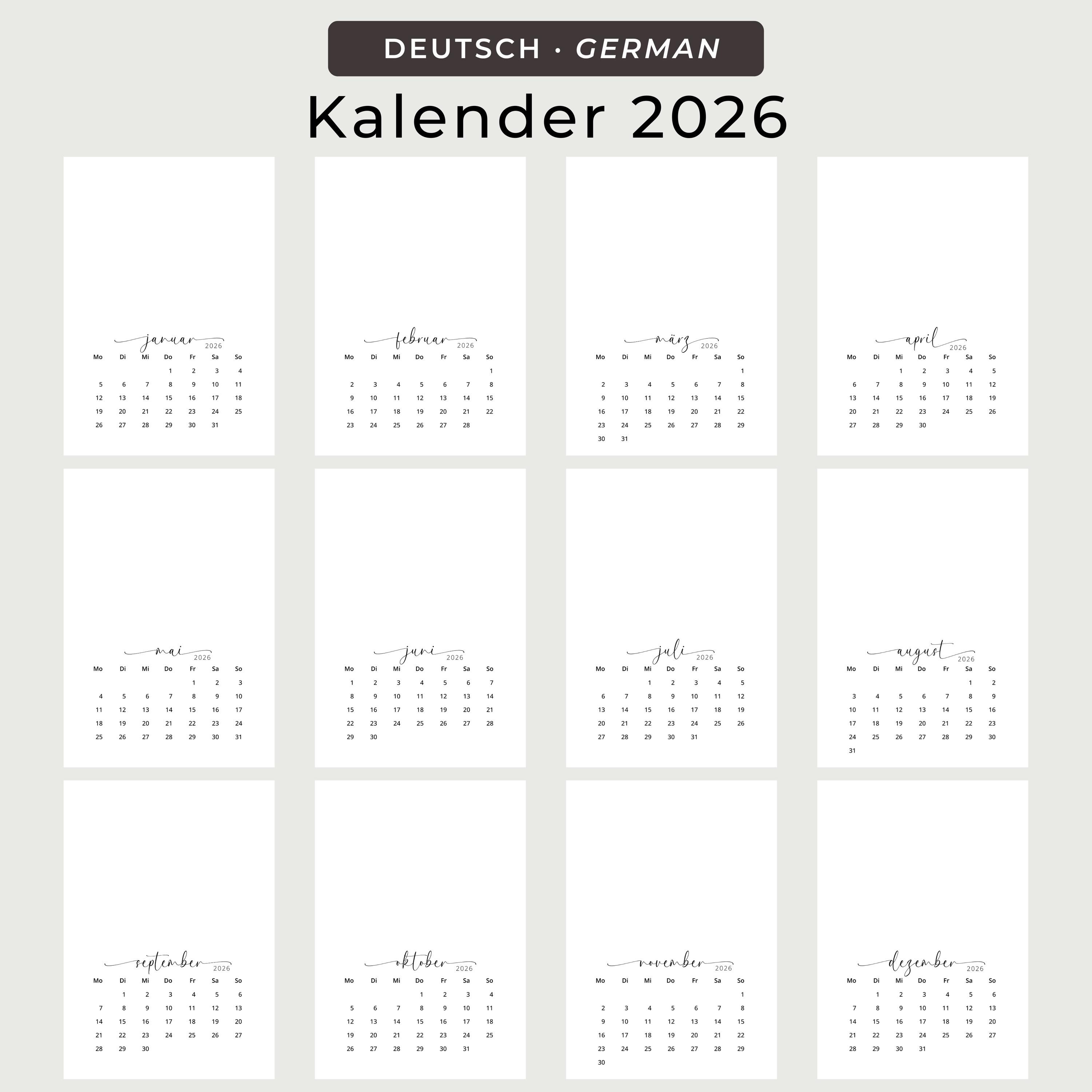 2026 Kalendar A3 A4 A5 2026 Kalender Auf Deutsch PRINTABLE PDF Elegant ...