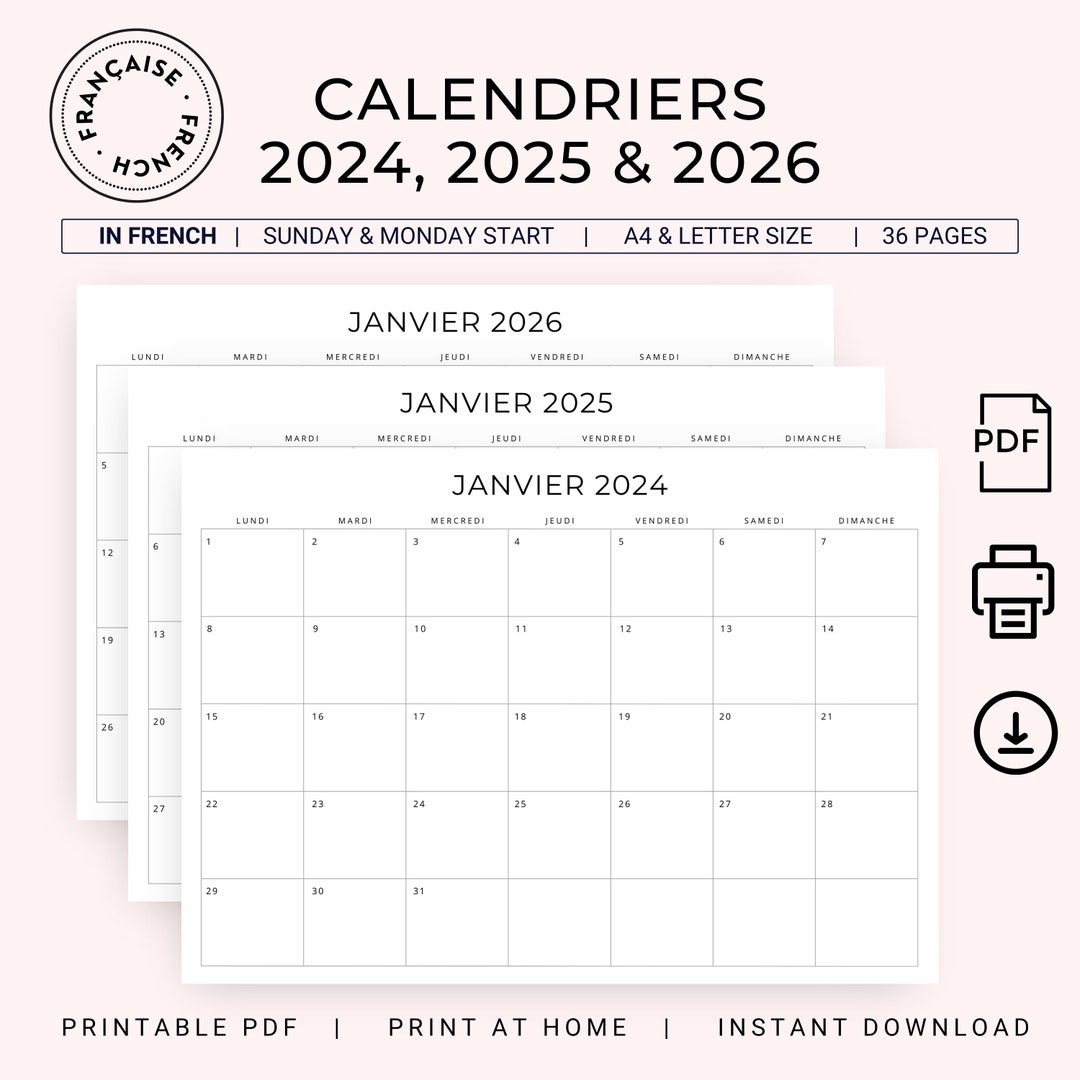 2024 2025 2026 Calendrier Français 3 Years French Calendar 2024 2025 ...