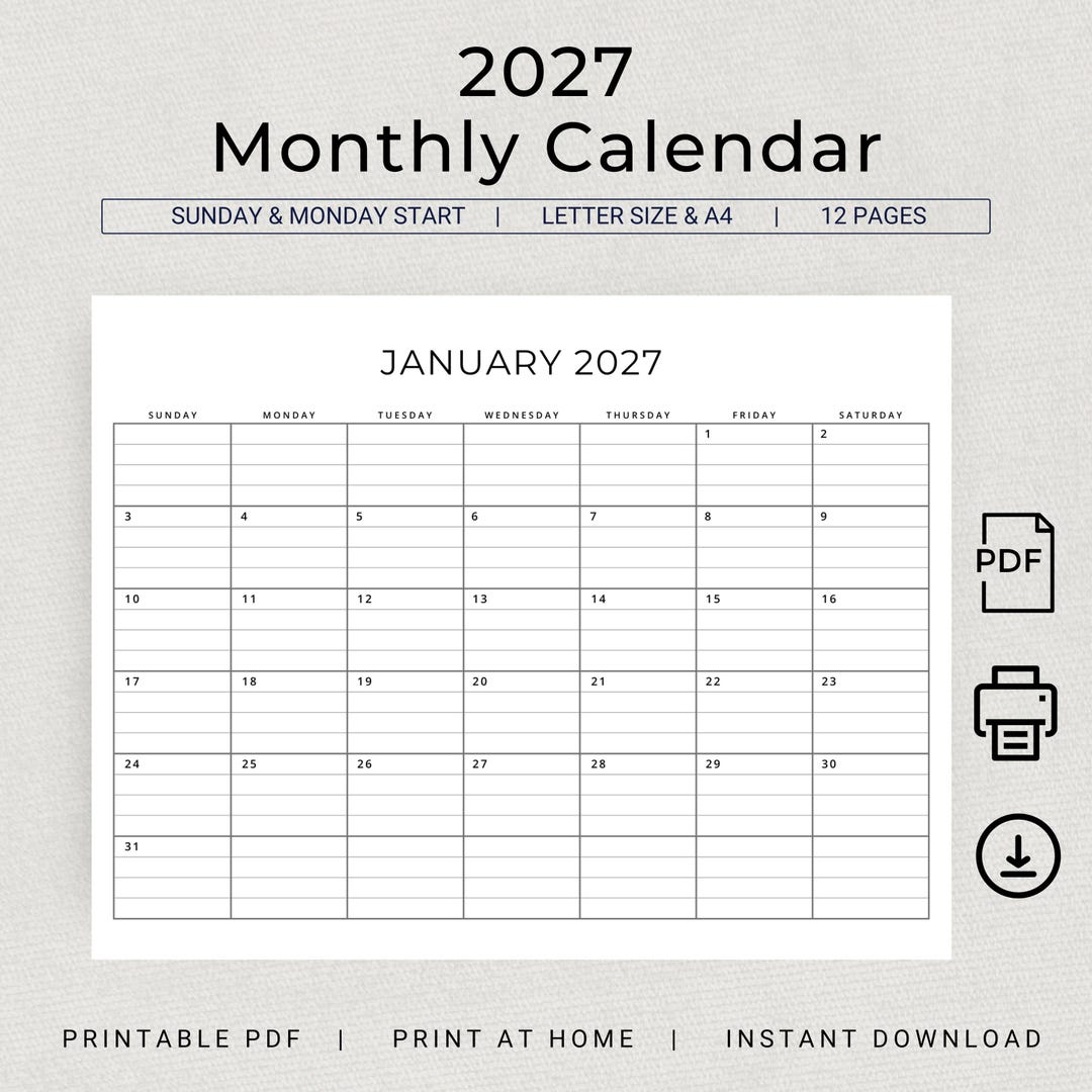 2027 Monthly Planner Lined 2027 Calendar With Lines Landscape Sunday ...