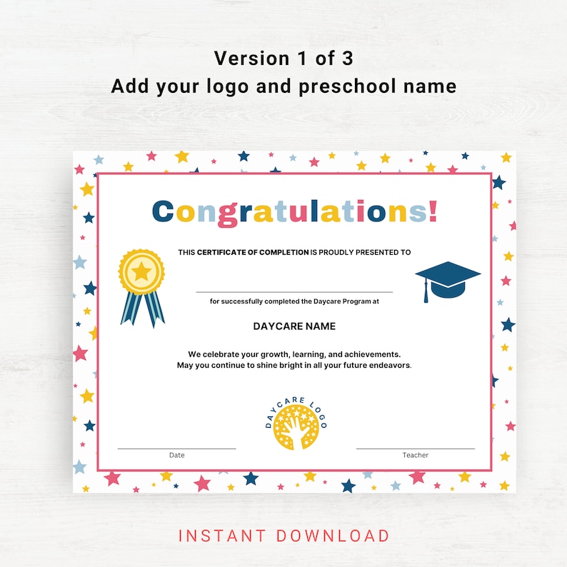 Editable Preschool Certificate Daycare Graduation Diploma Kindergarten ...