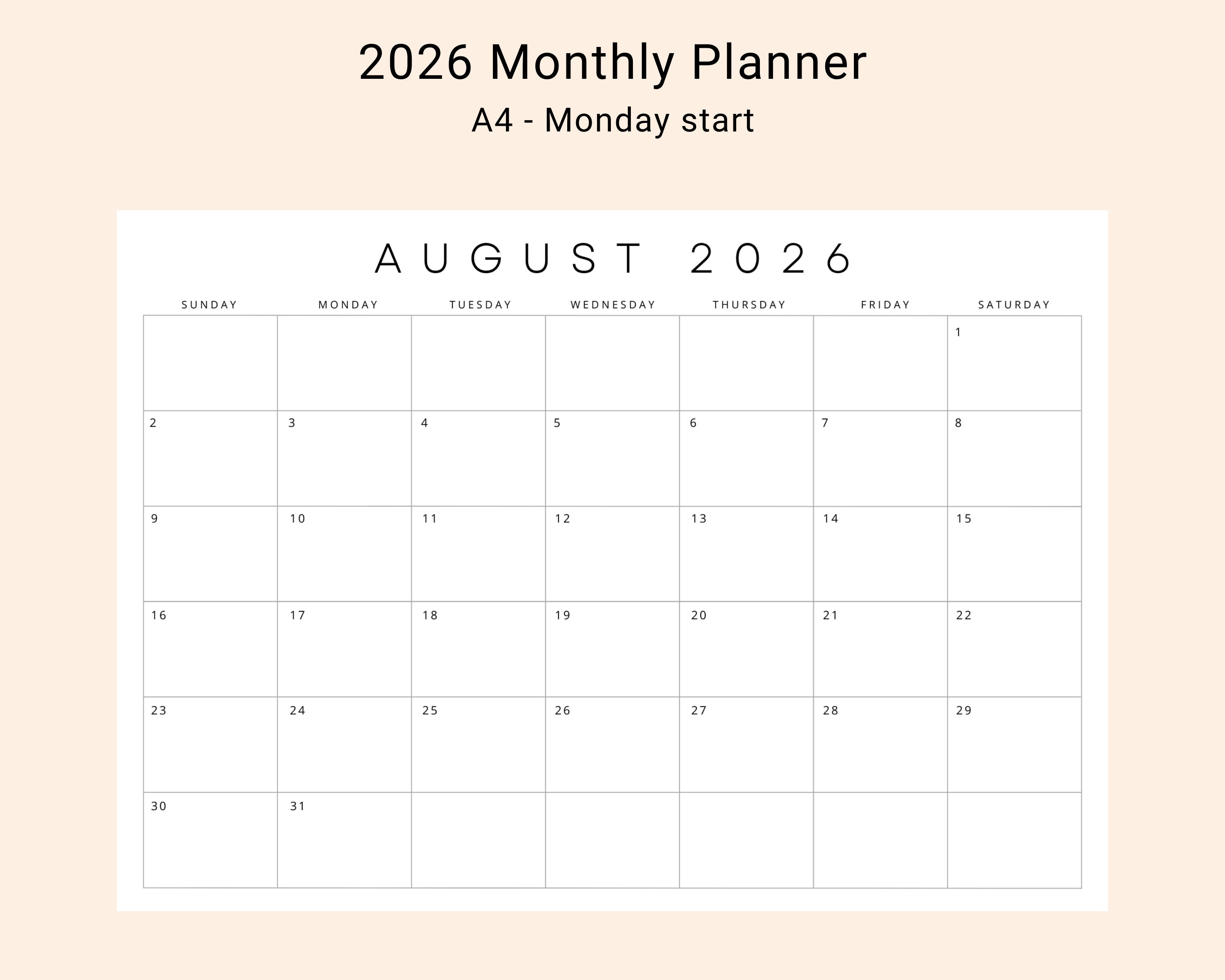 2026 Monthly Calendar 2026 Monthly Planner Landscape Sunday Start ...