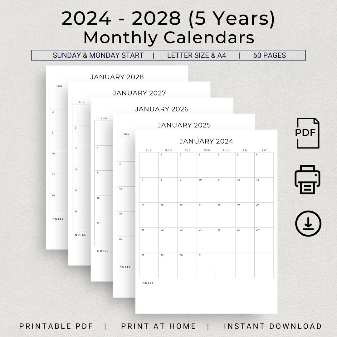5 Years Monthly Planner Vertical Calendar 2024 to 2028 Monthly Calendar ...