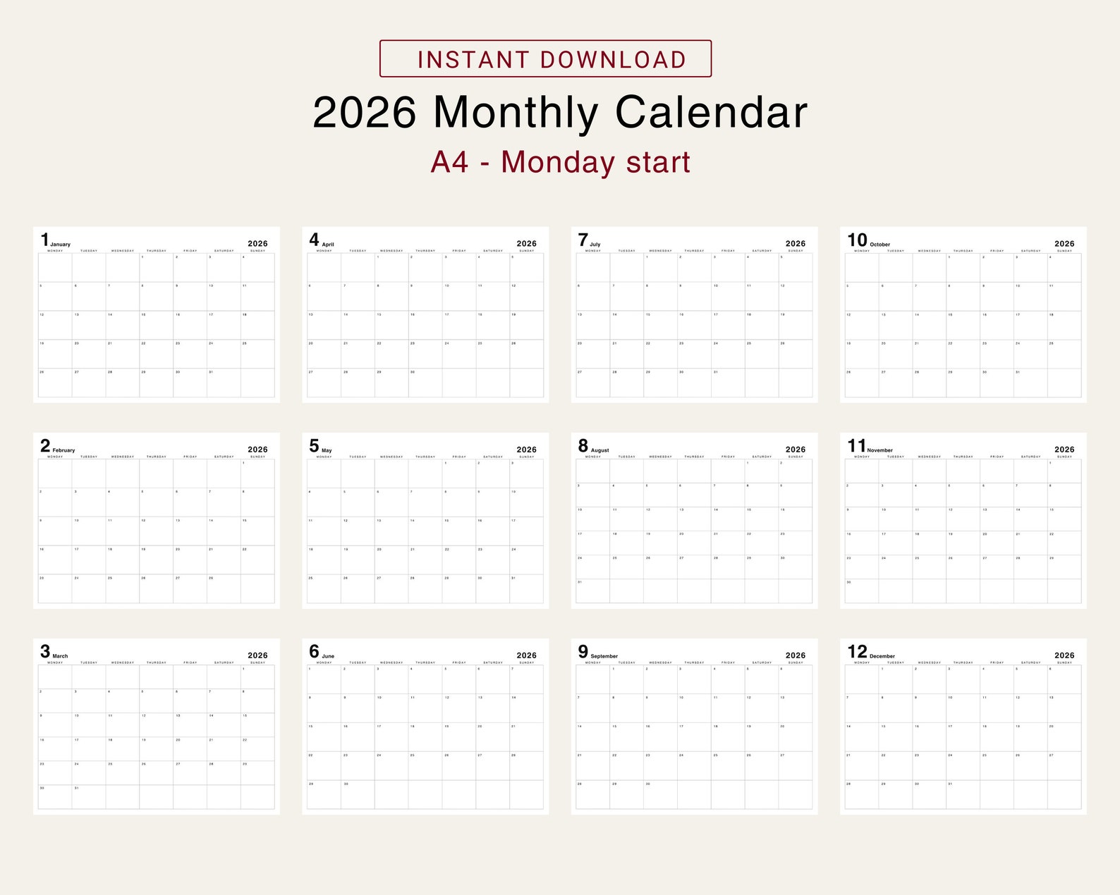2026 Calendar 2026 Monthly Planner 2026 Minimal Calendar 2026 Landscape ...
