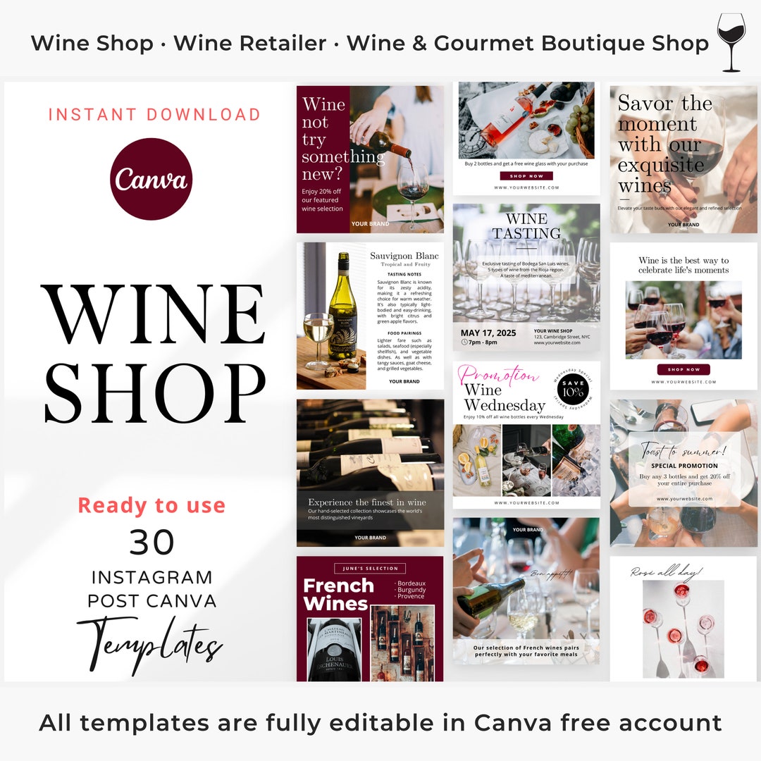 30 Wine Shop Instagram Canva Template Winery Social Media Template Wine ...
