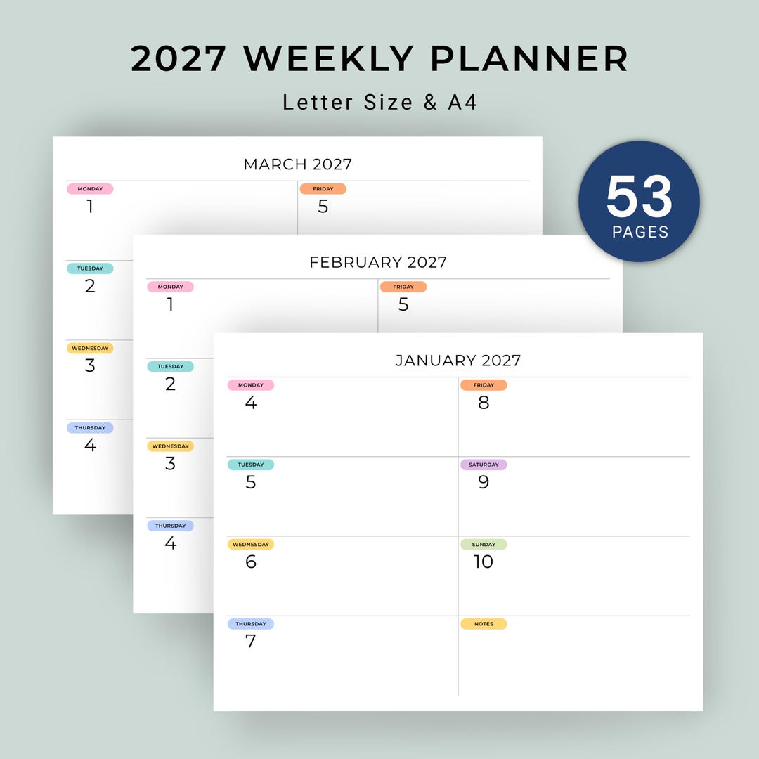 2027 Weekly Planner Printable PDF 2027 Weekly Calendar Landscape Color ...
