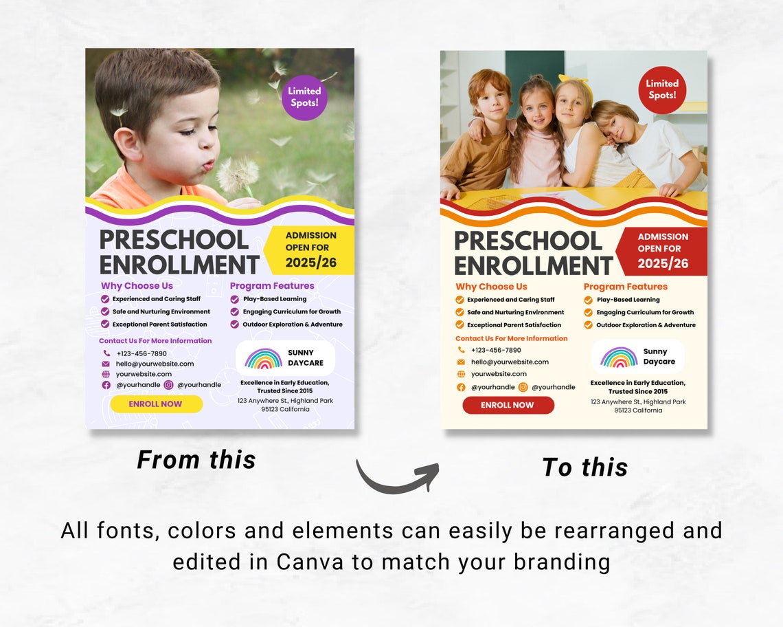 Printable Flyer Template for Preschool Daycare Enrollment Leaflet Kids ...