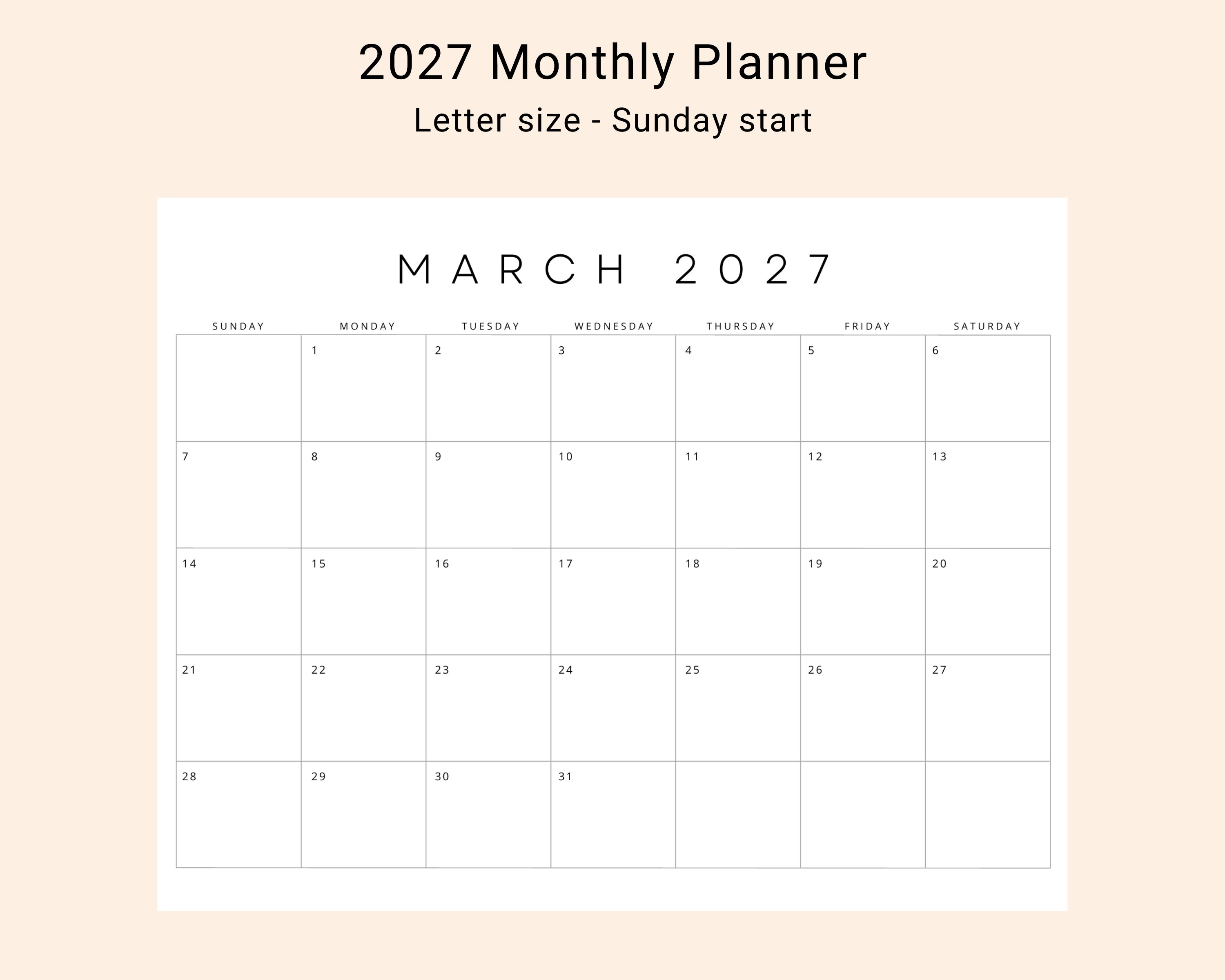 2027 Monthly Calendar Minimal 2027 Monthly Planner Landscape - Etsy
