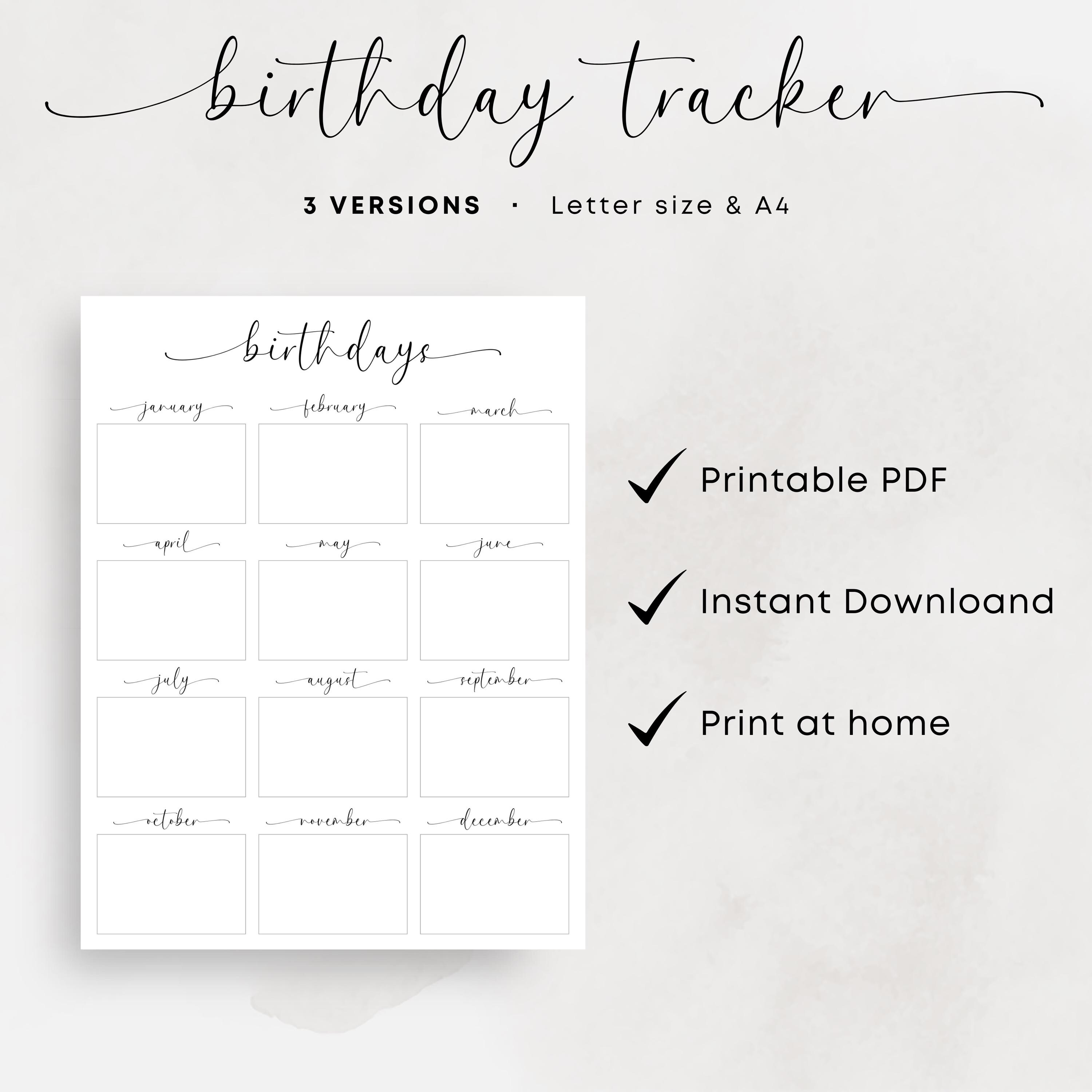Printable Birthday Tracker PDF Birthday Calendar for Home Birthday ...