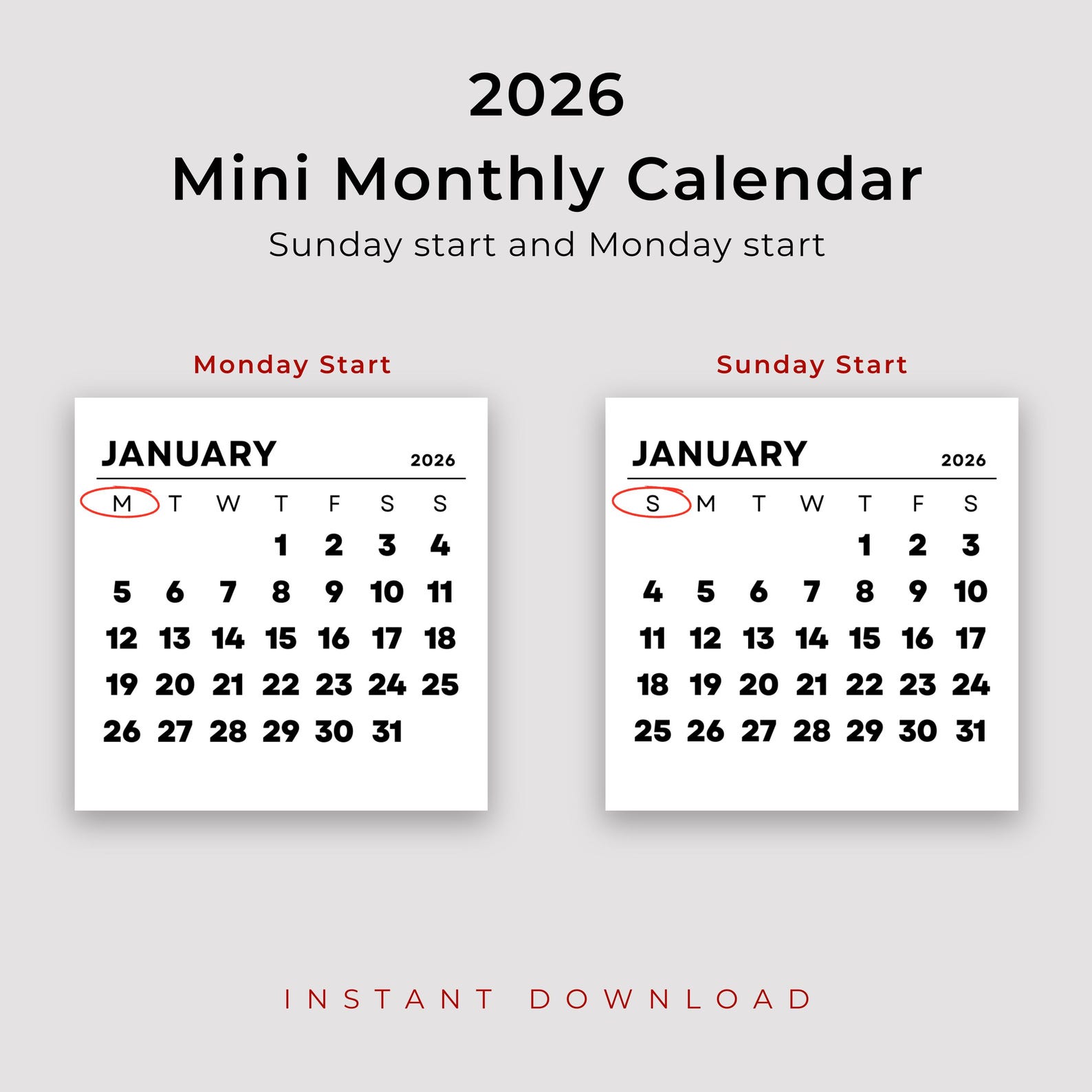 2026 Mini Calendar Easy to Read 2026 Small Calendar Printable 2026 ...
