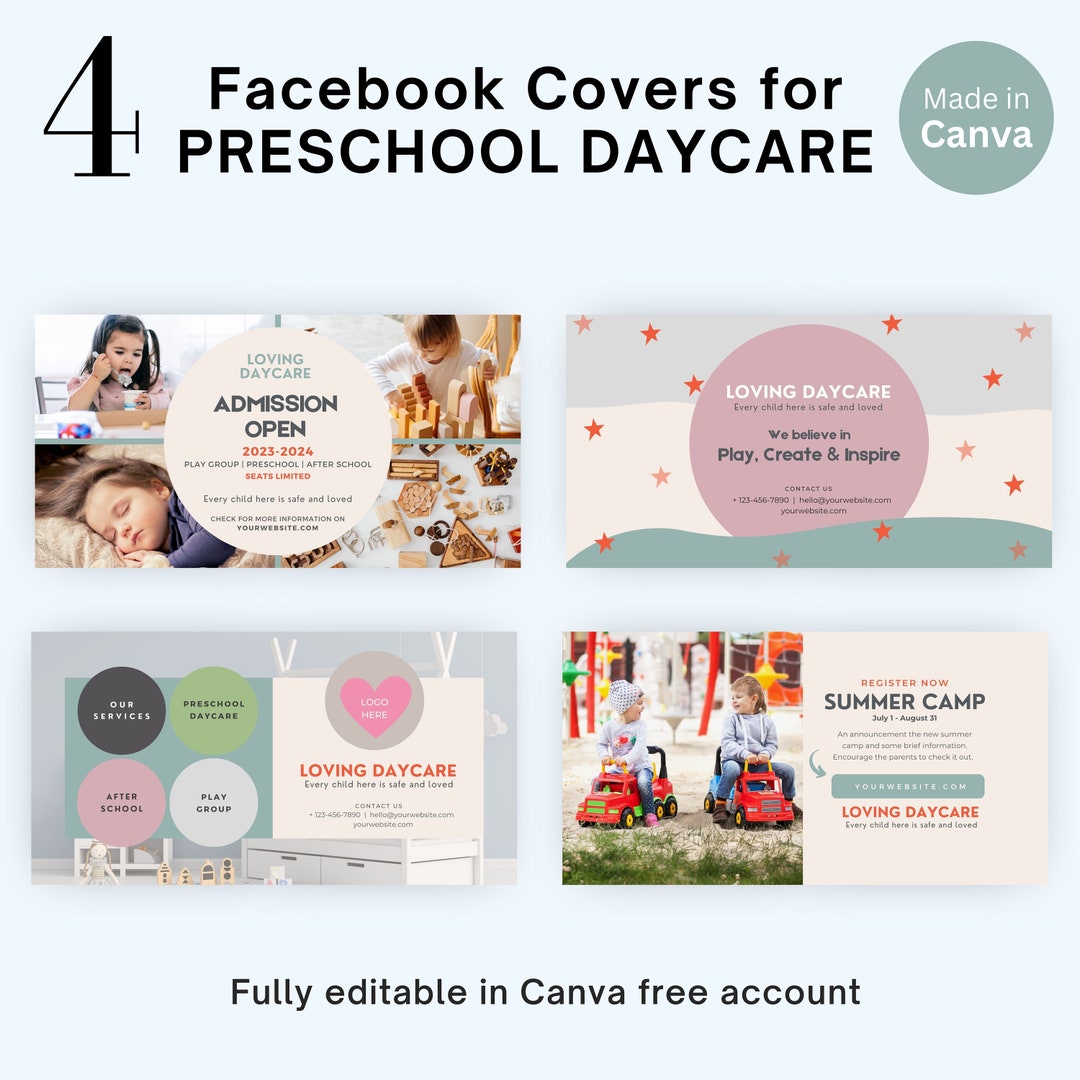 4 Daycare Facebook Cover Banner Childcare Canva Template Preschool ...
