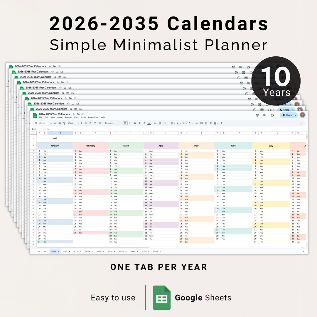 2026-2035 Calendar Google Sheets Template 10 Year Calendar Editable ...